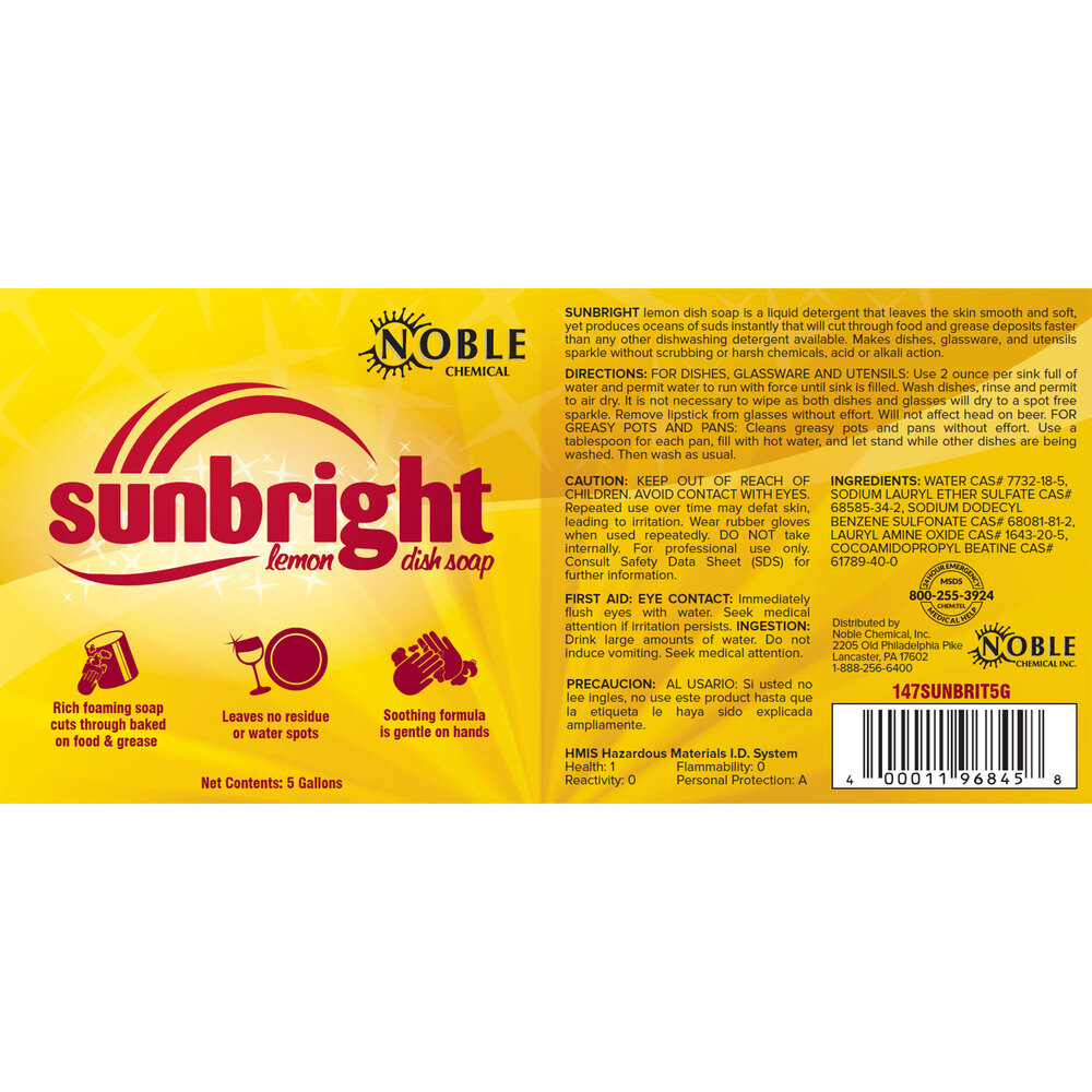 Noble Chemical Sunbright 5 Gallon Liquid Dish Soap