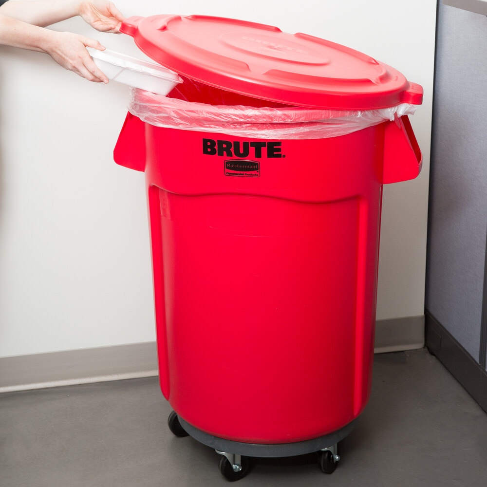 Rubbermaid BRUTE 44 Gallon Red Round Trash Can with Lid and Dolly