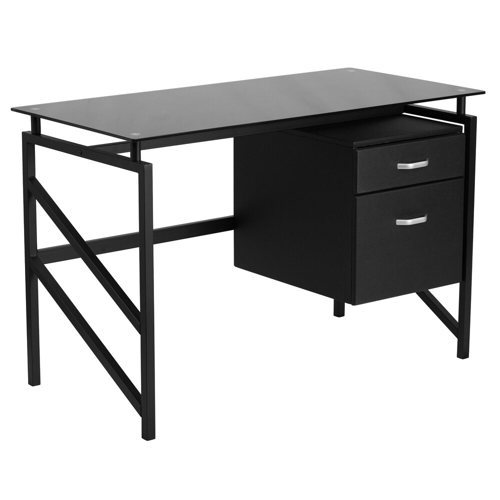 Flash Furniture NAN-WK-036-GG Black Glass Desk with 2 Drawer Pedestal ...