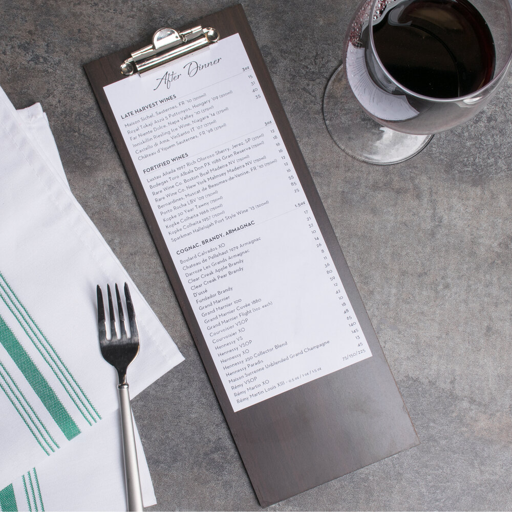 Choice 4 1/2" x 12 1/2" Dark Wood Color Menu Holder / Presenter with Clip