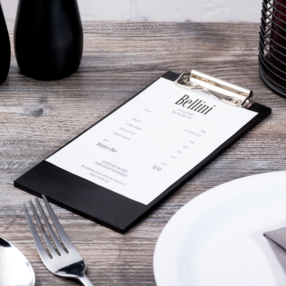 Choice 4" x 8" Black Wood Color Menu Holder / Check Presenter with Clip