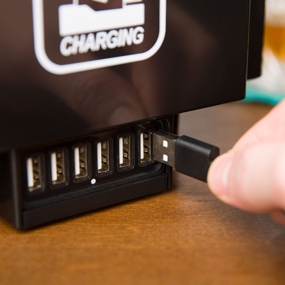 Black Plastic Bar Caddy with Six USB Charging Ports - 6" x 8" x 6" - 120V