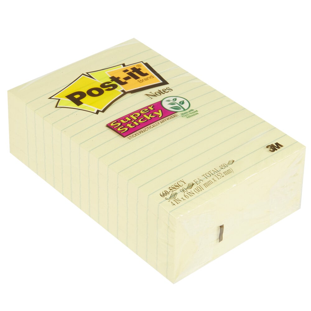 3M 660-5SSCY Post-It® 4" x 6" Canary Yellow Lined 90 Sheet Super Sticky ...