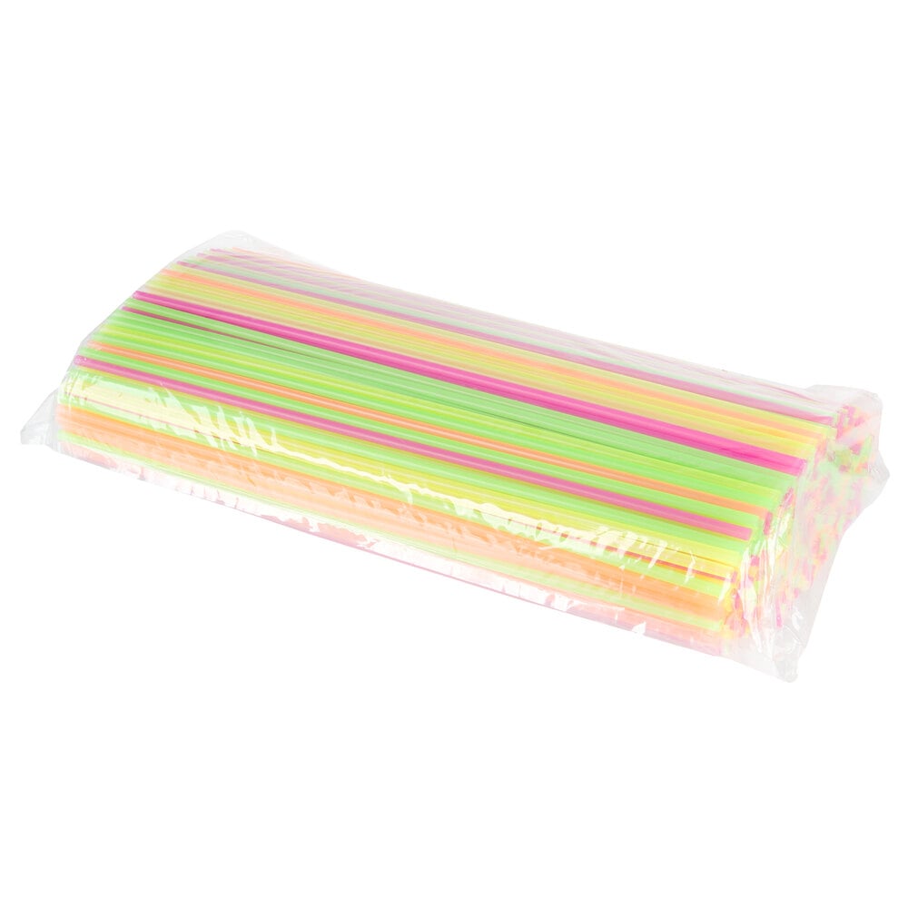 20" Extra-Long Assorted Color Neon Unwrapped Drinking Straw - 500/Case