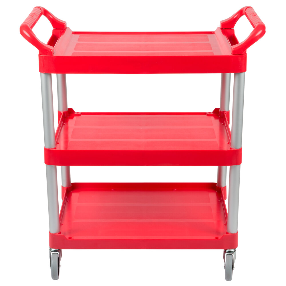 Rubbermaid FG342488RED Red Three Shelf Utility Cart / Bus Cart 33 x 18 x 37