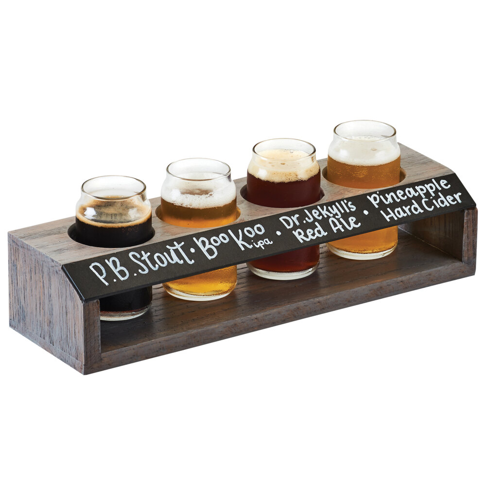 Cal-Mil 3824 4-Hole Gray Wood Taster Flight with Chalkboard Front
