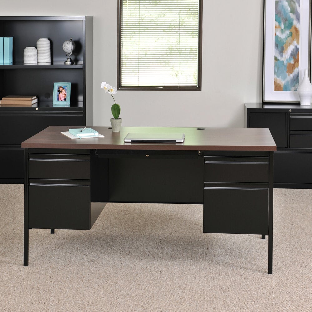 Hirsh Industries 20101 Black / Walnut Double Pedestal Desk - 60" x 30 ...