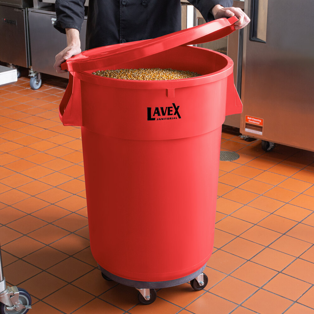 Lavex Janitorial 44 Gallon Red Round Commercial Trash Can with Lid and ...