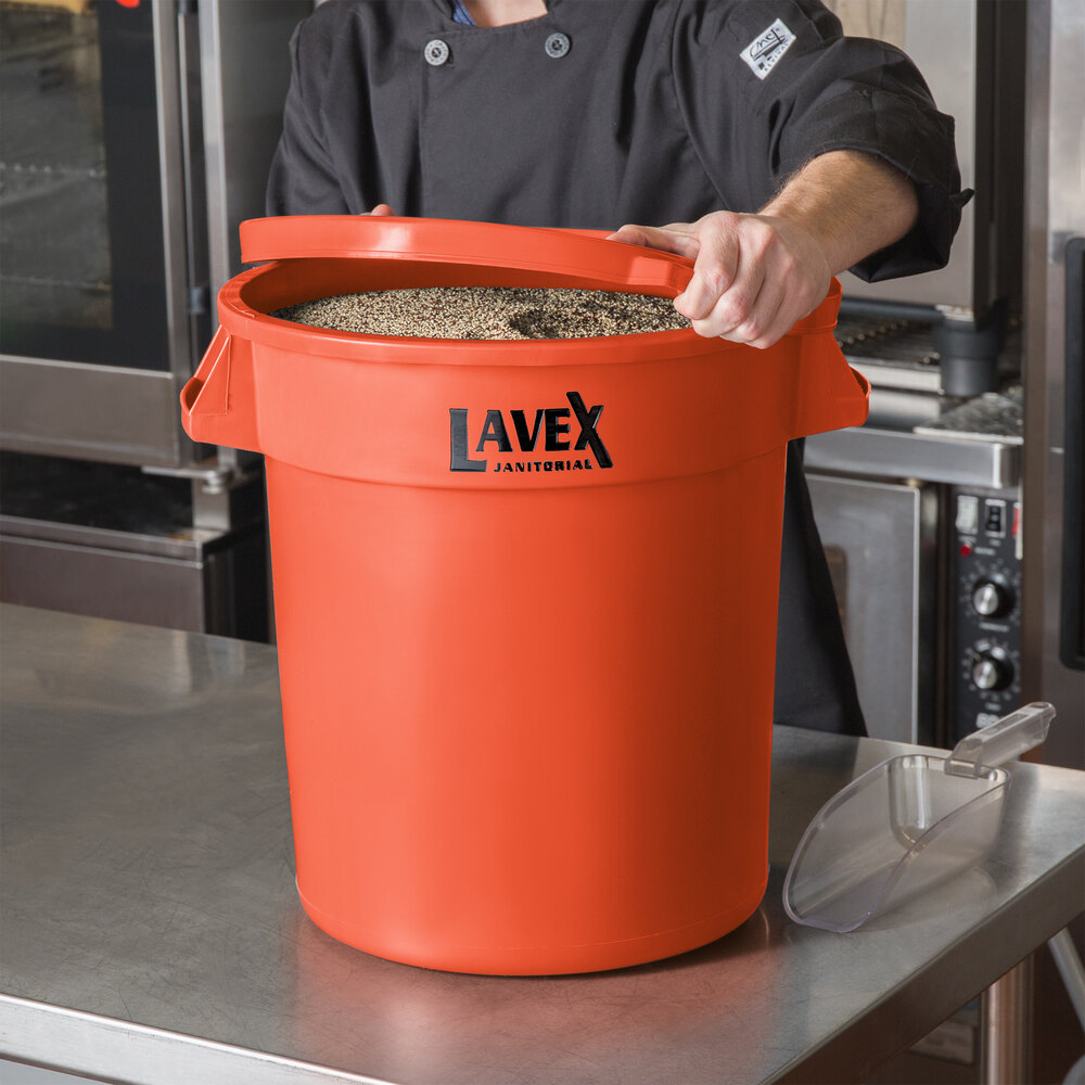 Lavex Janitorial 10 Gallon Orange Round Commercial Trash Can and Lid