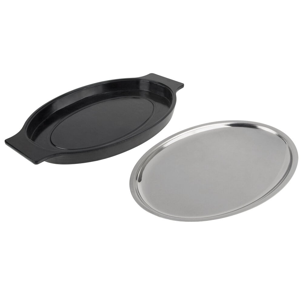 Choice 8" x 11 1/2" Oval Stainless Steel Sizzler Platter with Thermal ...