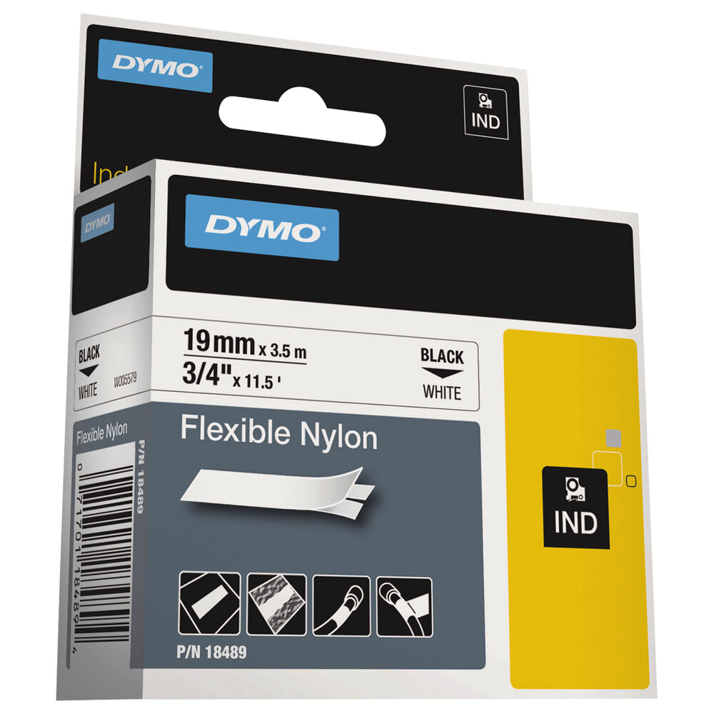 DYMO 18489 Rhino 3/4" x 11 1/2' Black on White Flexible Nylon Industrial Label Tape