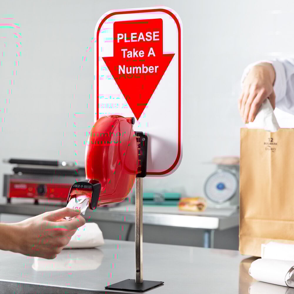 Turn-O-Matic Red Manual Take-a-Number Countertop Kit with White Tickets