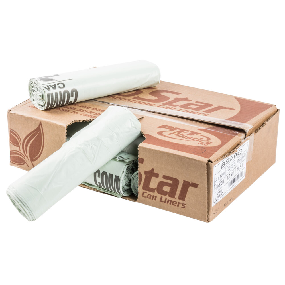 60 Gallon 38" X 58" Compostable Trash Can Liner 1 Mils - 100/Case