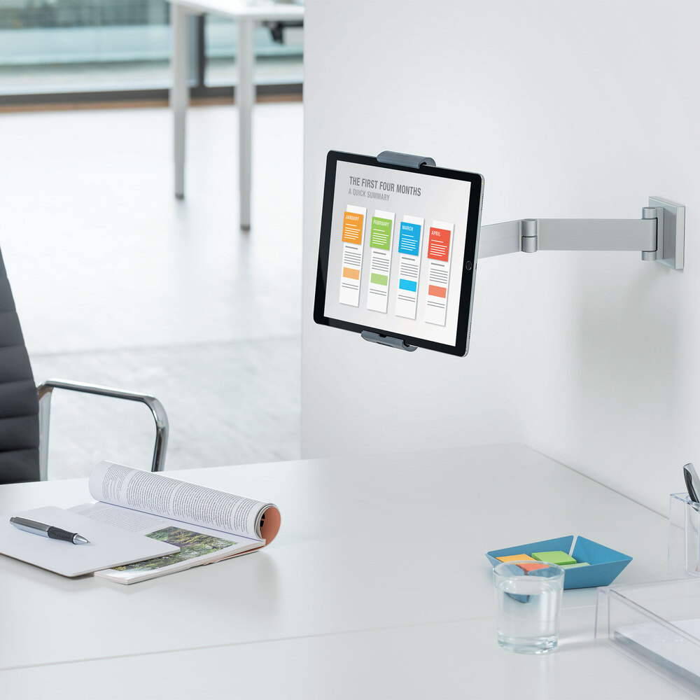 Durable 893423 Silver Metal Wall-Mount Tablet Holder with Swinging Arm