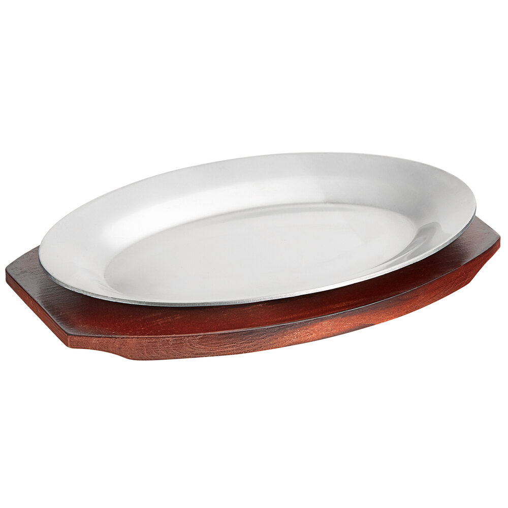 Choice 10 1/2" x 7" Oval Aluminum Sizzler Platter with Mahogany Finish ...