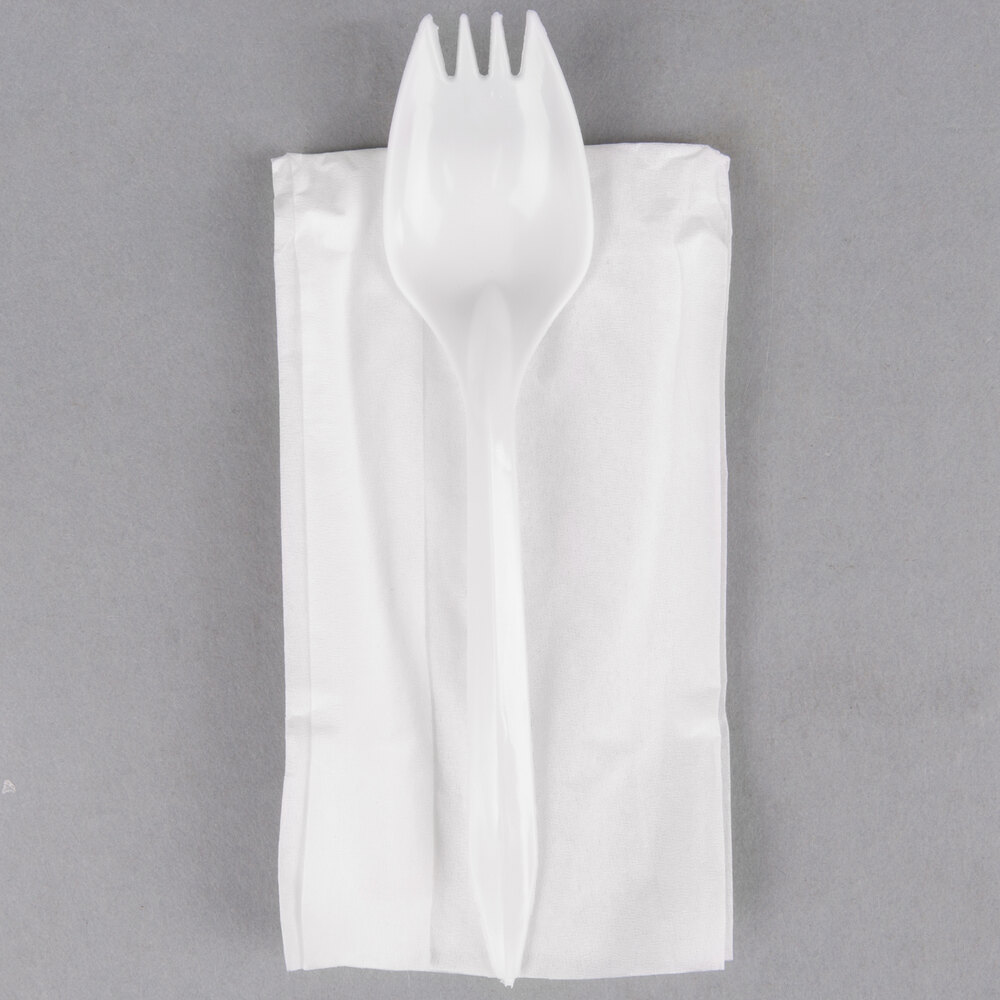 Choice Medium Weight White Wrapped Plastic Spork and Napkin Kit - 1000/Case