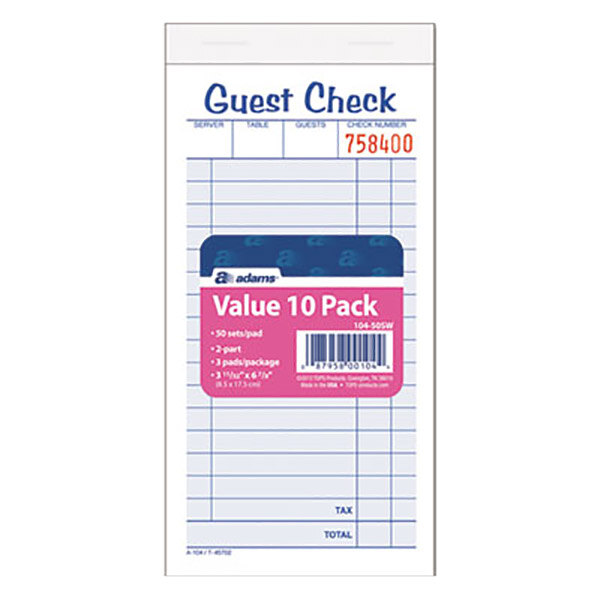 Adams 10450SW 2-Part White / Canary Carbonless Guest Check Book - 10/Pack