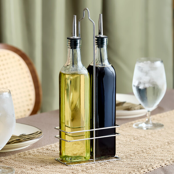Choice 16 oz. 3 Piece Oil & Vinegar Cruet Set with Rack