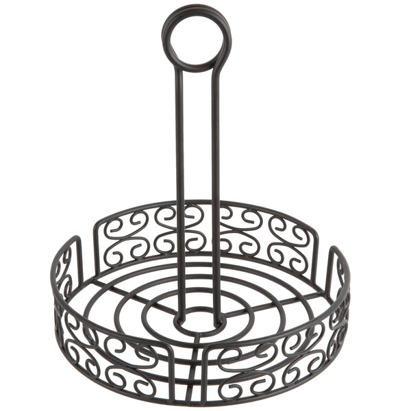 Choice Black Round Mediterranean Wrought Iron Condiment Caddy with Card ...