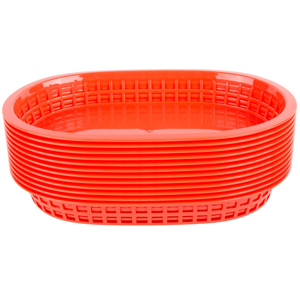 Choice 11" x 7" x 1 1/2" Red Oval Plastic Fast Food Basket - 12/Pack
