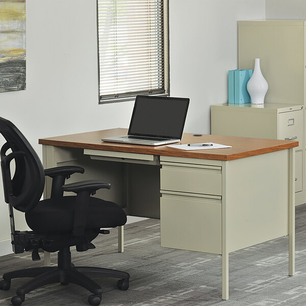 Hirsh Industries 20091 Putty / Oak Single Pedestal Desk - 48" x 30" x ...