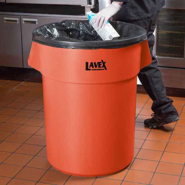 Lavex Janitorial 55 Gallon Orange Round Commercial Trash Can