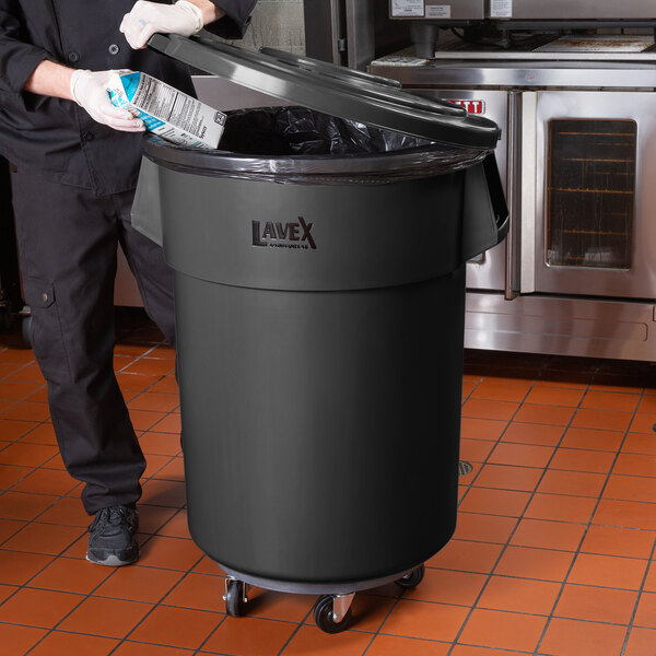 Lavex Janitorial 55 Gallon Black Round Commercial Trash Can with Lid ...