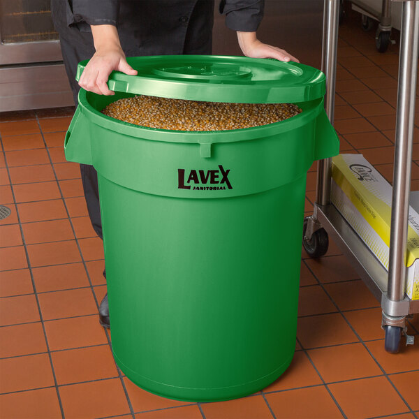 Lavex Janitorial 32 Gallon Green Round Commercial Trash Can and Lid