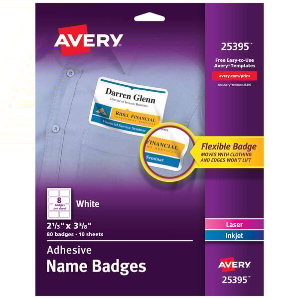 Avery 25395 2 1 3 X 3 3 8 White Rectangle Adhesive Name Badges 80 Pack