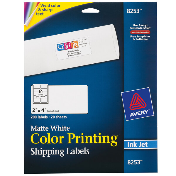 Avery 08253 2" x 4" Matte White Rectangle Color Printing Labels - 200/Pack