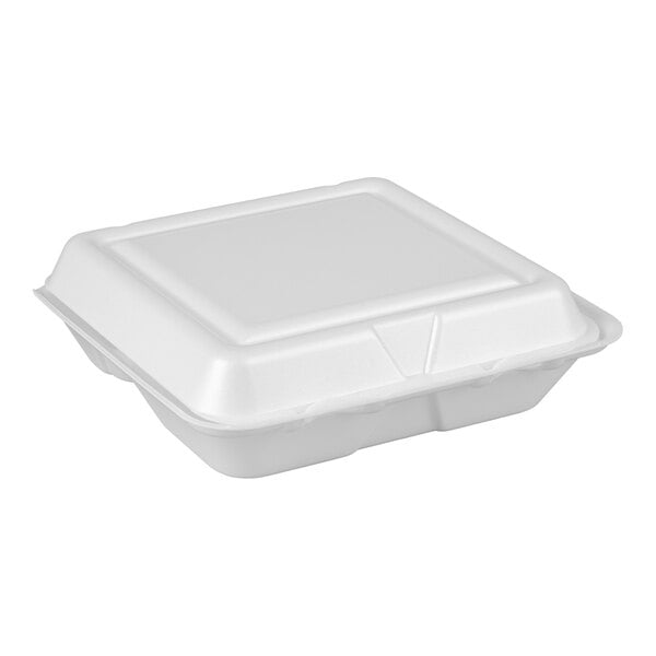 Dart 80HT3R 8" x 7 1/2" x 2" White Foam Three-Compartment Square Take Out Container with Hinged ...