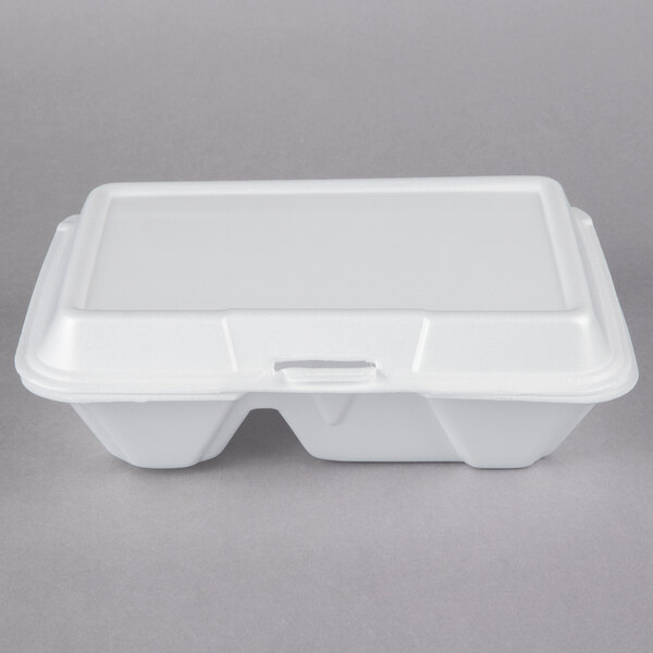 Dart 205HT2 9" x 6" x 3" White Foam 2 Compartment Take Out Container with Perforated Hinged Lid ...