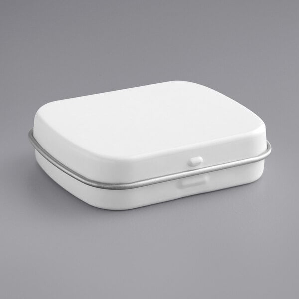 2 5/16" x 1 7/8" x 9/16" White Rectangular Tin with Hinged Lid - 720/Case