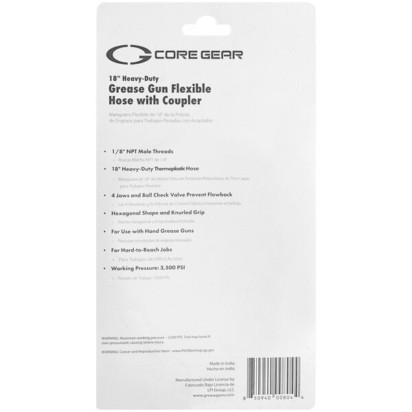 Core Gear 18" Heavy-Duty Flexible Rubber Grease Gun Hose with Coupler CG376C