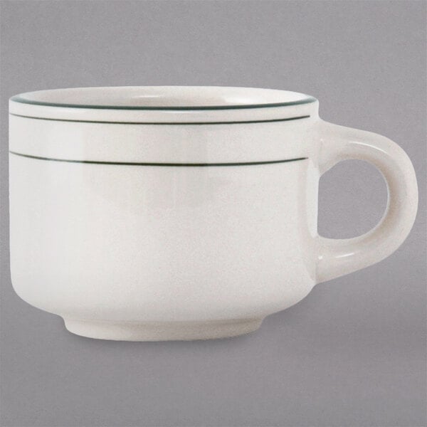 Tuxton TGB-023 Green Bay 7 oz. Eggshell China Stackable Cup / Mug with Green Bands - 36/Case