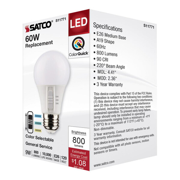 Satco 9W A19 LED Light Bulb with 3 Color Temperatures S11771 - 120V ...