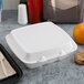 Dart 90HTPF1R 9" x 9" x 3" White Foam Square Take Out Container with Hinged Lid - 200/Case