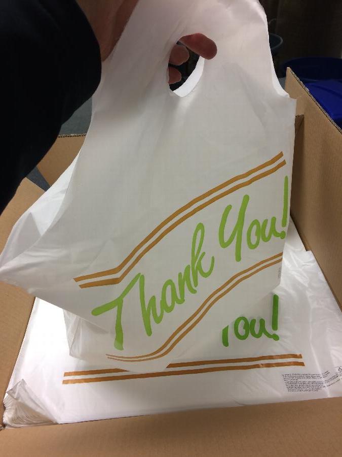 19" x 9 1/2" x 18" White Plastic Take Out Bag with Printed Thank You ...