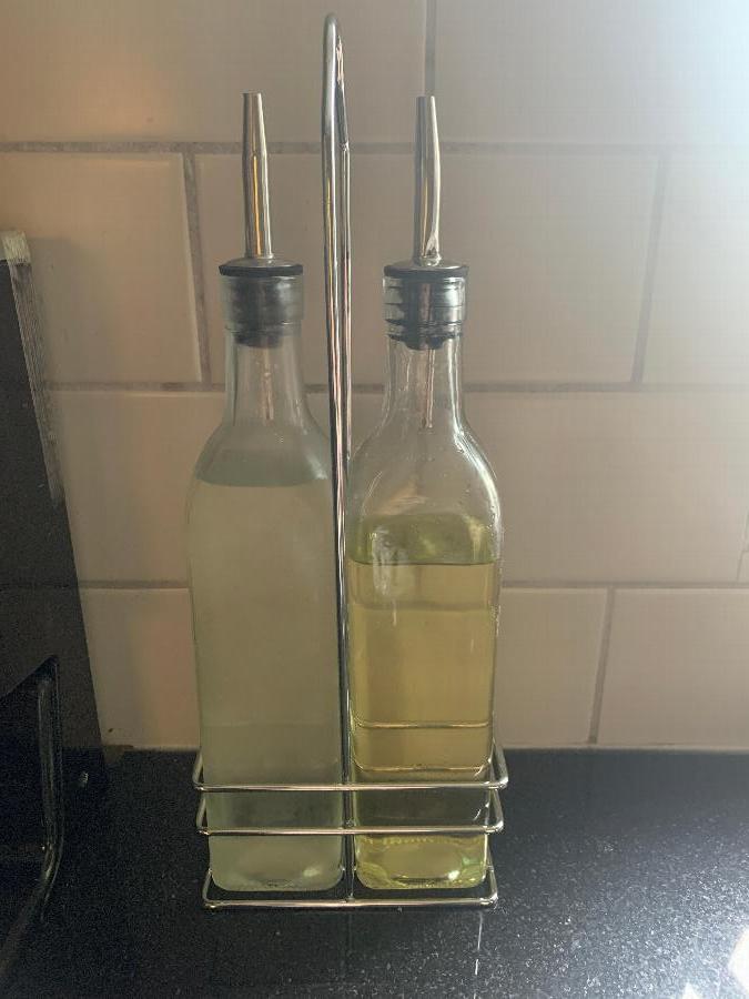 Choice 16 oz. 3 Piece Oil & Vinegar Cruet Set with Rack