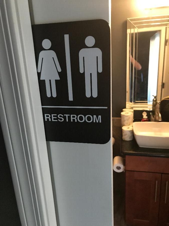 Black and White Unisex Restroom Sign with Braille 9" x 6"