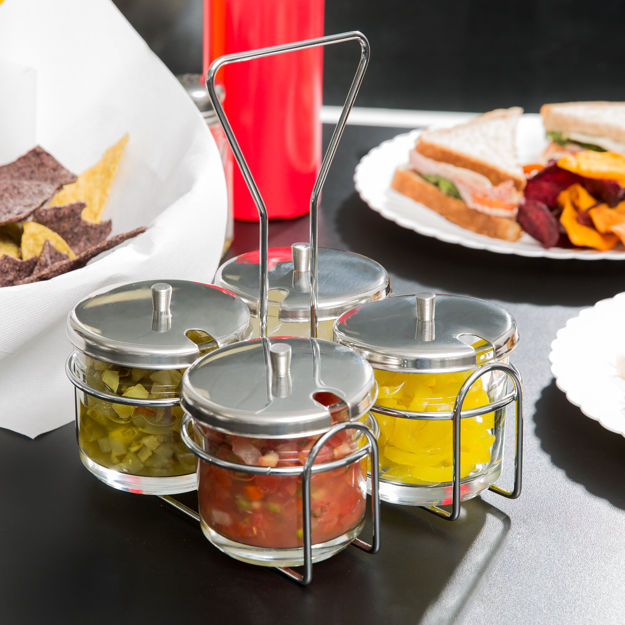 4 Compartment Wire Condiment Caddy with 7 oz. Glass Jars and Stainless ... 4 Compartment Wire Condiment Caddy with 7 oz. Glass Jars and Stainless ...