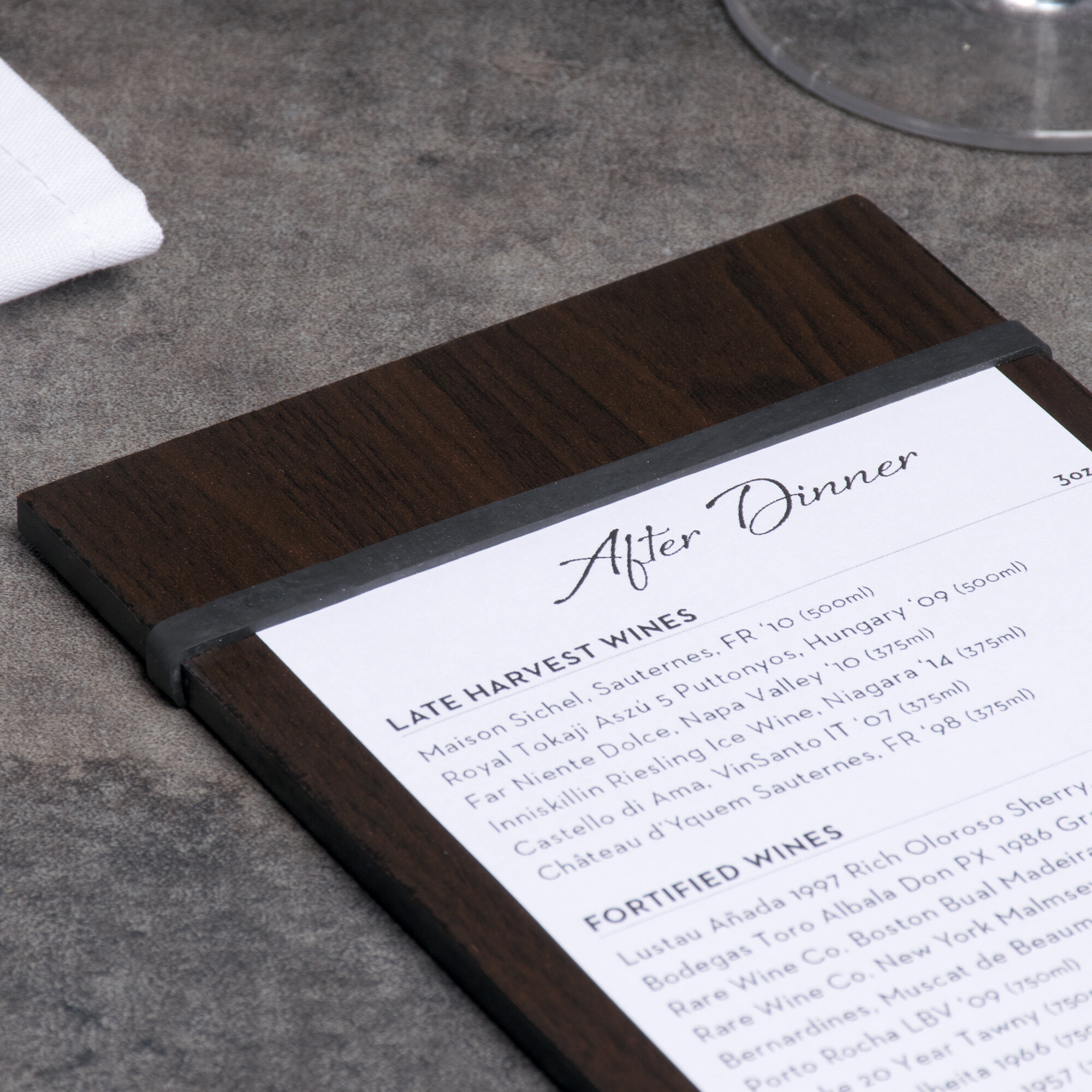 Choice 4 1/2" x 12 1/2" Dark Wood Color Menu Holder / Presenter with Straps