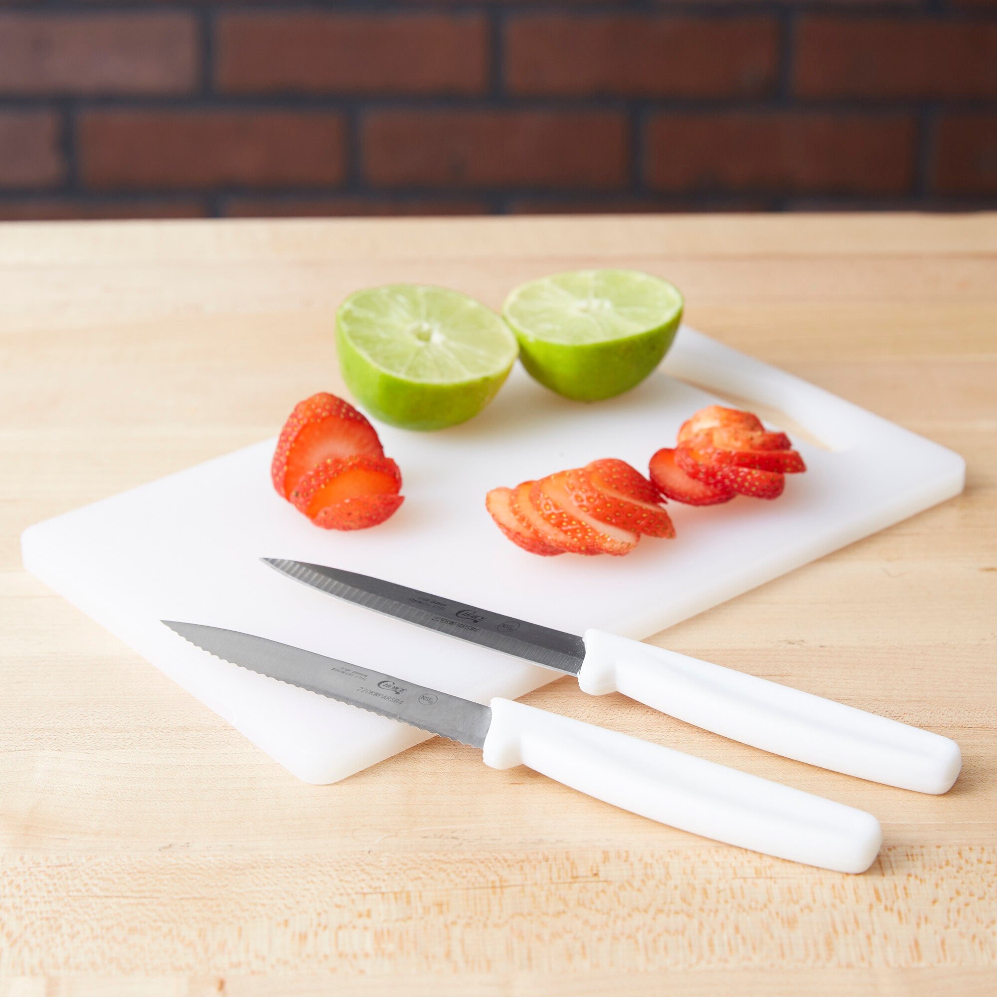 Choice 10" x 6" x 3/8" White Bar Size Cutting Board and Knife Set