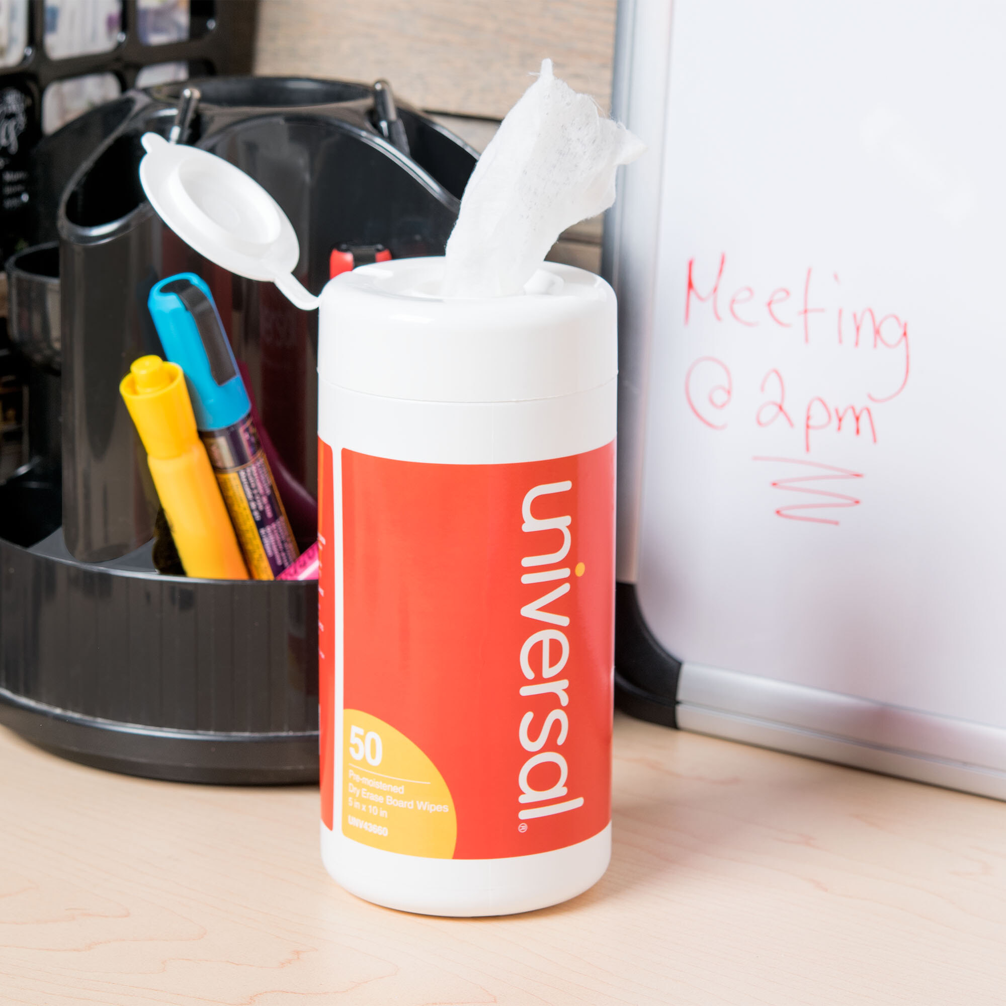 Universal UNV43660 5" x 10" Pop-Up Dry Erase Cleaning Wet Wipe - 50/Pack