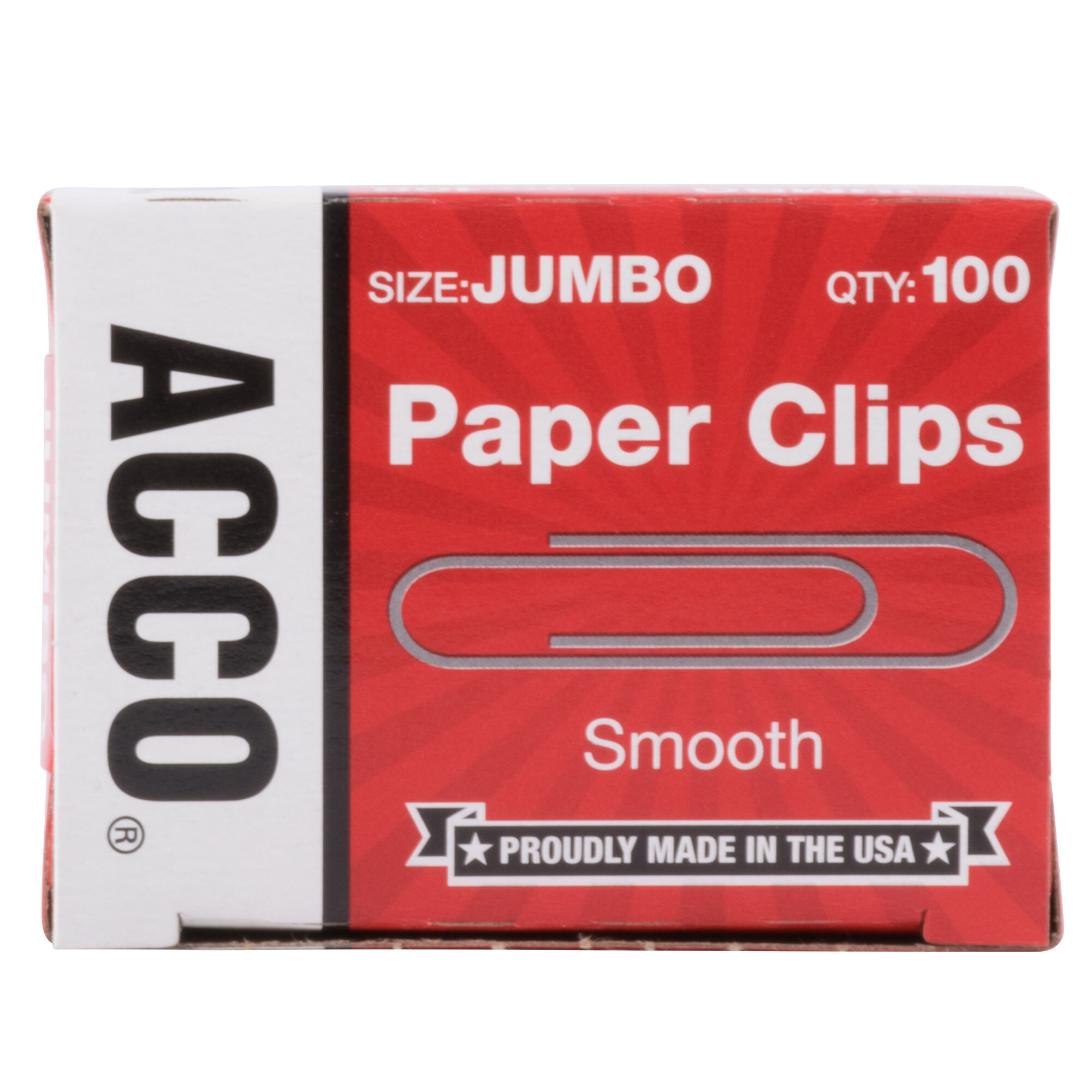 Acco 72580 Silver Smooth Finish 100 Count Jumbo Paper Clips - 10/Box