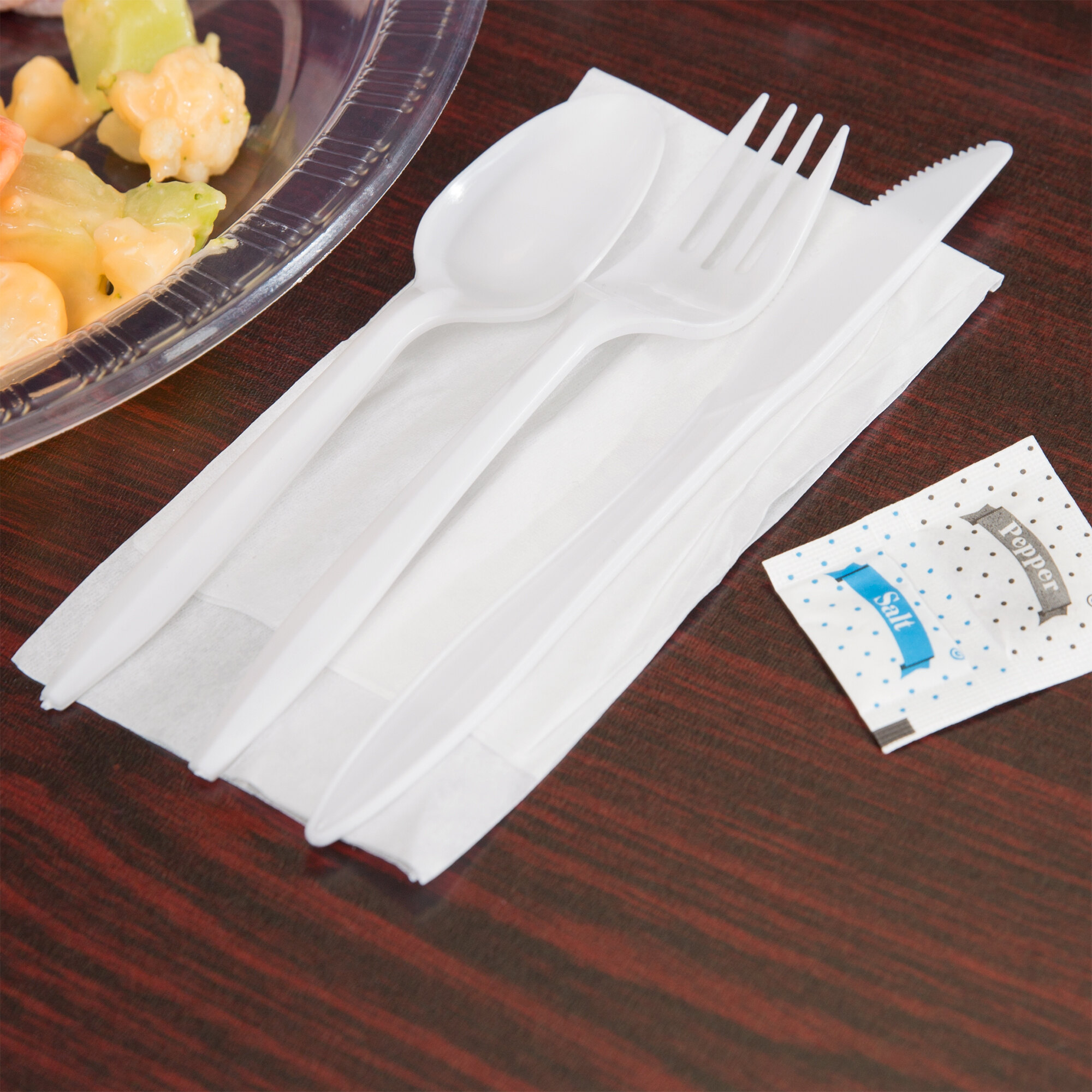 Choice White Medium Weight Wrapped Plastic Cutlery Pack With Napkin And Choice White Medium Weight Wrapped Plastic Cutlery Pack With Napkin And