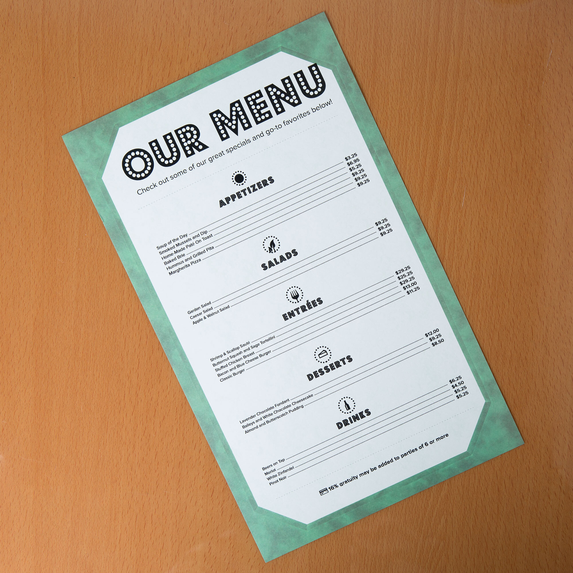 8 1/2" x 14" Green Menu Paper - Angled Marble Border - 100/Pack