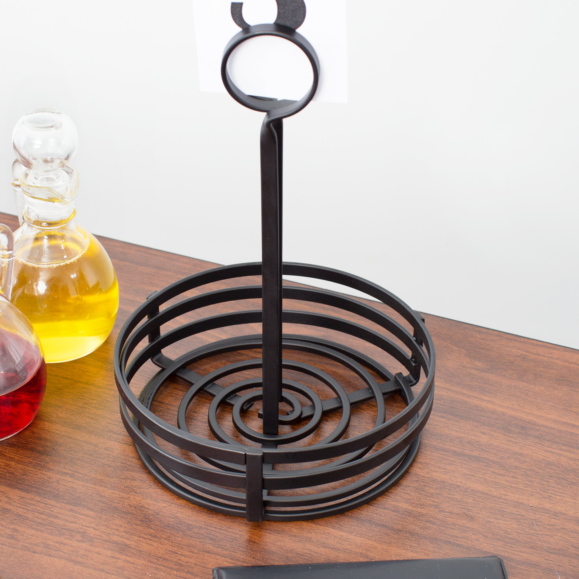 Choice Black Flat Coil Round Wrought Iron Condiment Caddy with Card ...