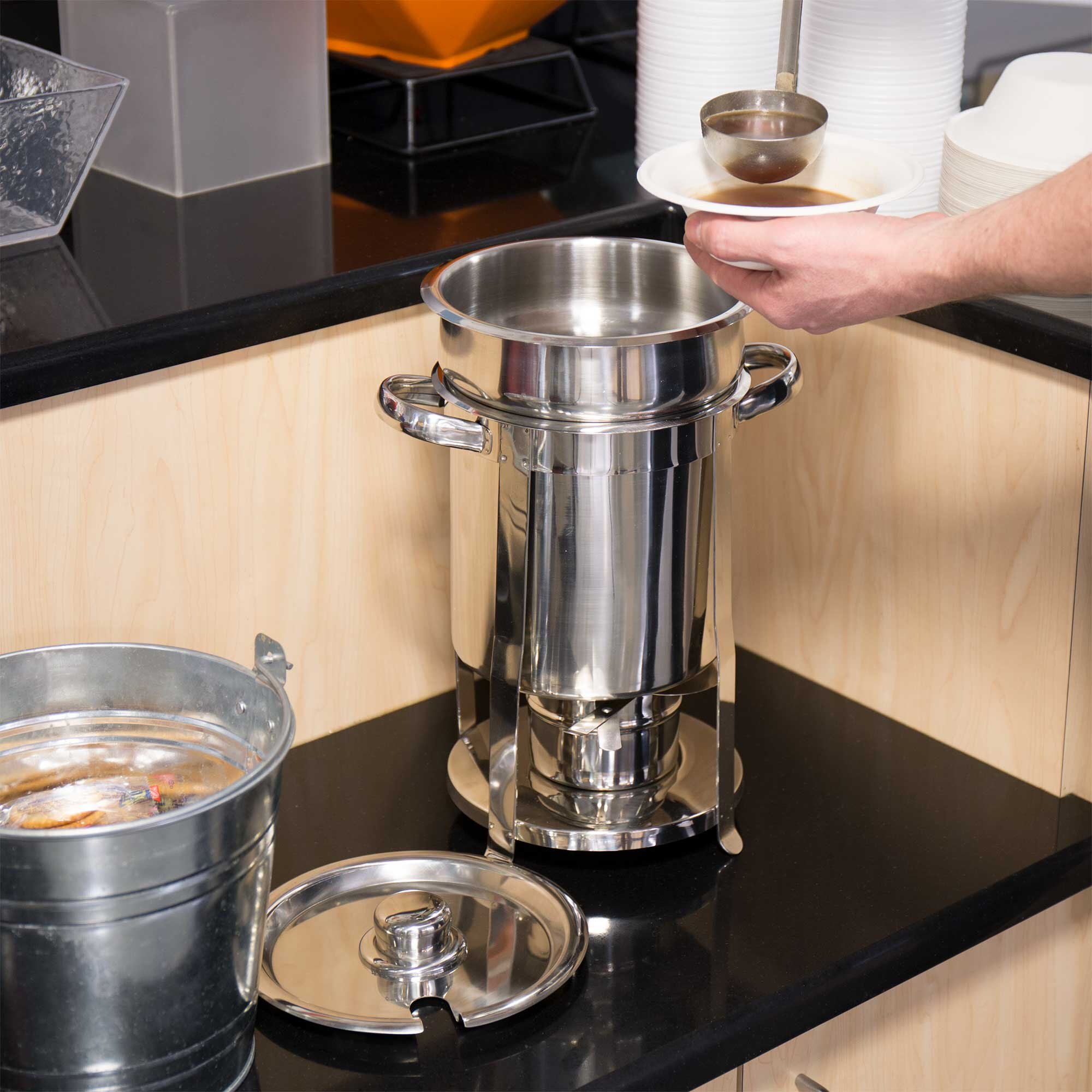 Choice Deluxe 4 Qt. Chrome Accent Marmite Sauce Chafer