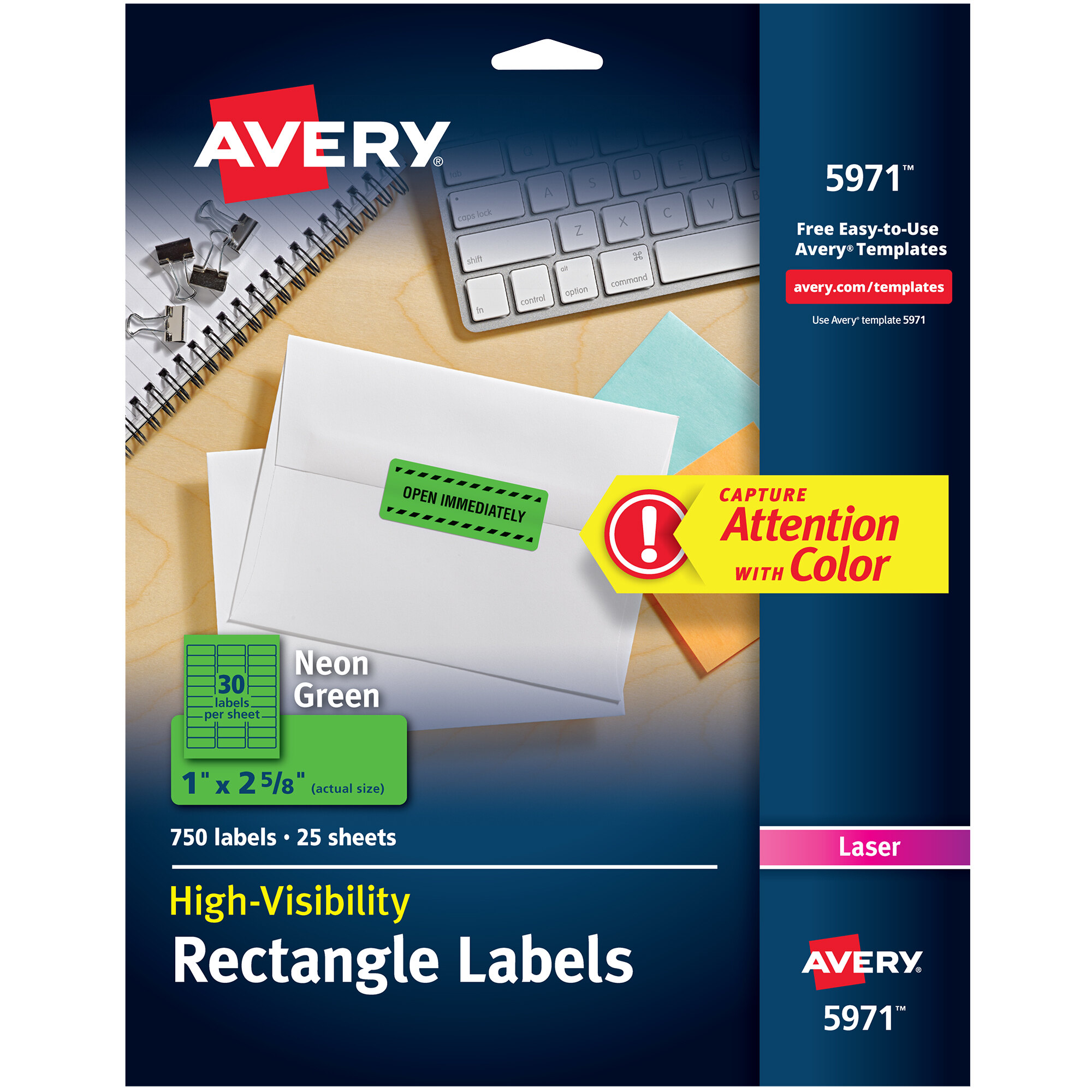 Avery 5971 1" x 2 5/8" High-Visibility Neon Green ID Labels - 750/Pack